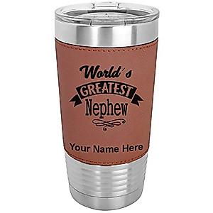 LaserGram 20oz Vacuum Insulated Tumbler Mug, World's Greatest Nephew, Personalized Engraving Included (Faux Leather, Dark Brown)