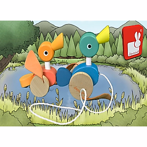 Janod Zigolos Pull Along Duck Family Early Learning and Motor Skills Toy with Flapping Feet Made of Beech and Cherry Wood for Ages 12 Months+