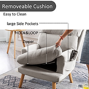 INZOY Accent Chairs with Ottoman, Velvet Fabric Armchair with Ottoman for Bedroom Living Room, Mid Century Modern Chair with Adjustable Backrest and Side Pockets, Grey