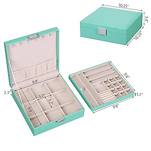 BEWISHOME Jewelry Box Gifts for Girls Women Jewelry Organizer Box 2 Layers Velvet Jewelry Boxes with Necklace Hooks, PU Leather Jewelry Storage Case for Rings, Earrings, Bracelets Cyan SSH71Q