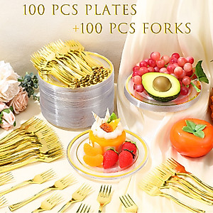 Eccliy 200 Pieces Gold Plastic Dessert Plate Sets 100 Clear Disposable Cake Plate 6 Inch and 100 Fork 5 Inch Gold Rim Round Salad Appetizer Plate Folk Set for Buffet Hotel Birthday Wedding Party