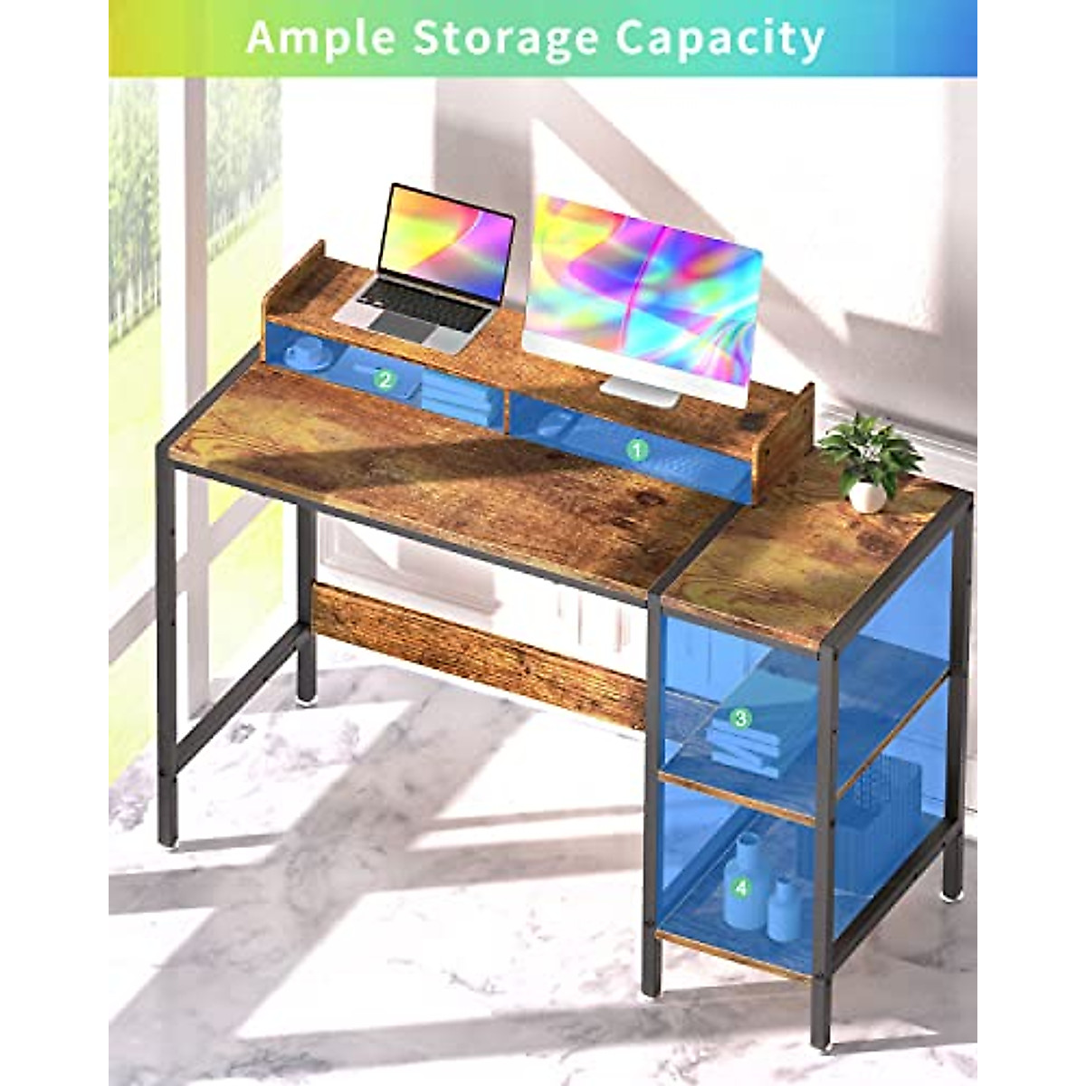 MINOSYS Computer Desk - 39” Gaming Desk, Home Office Desk with Storage, Small Desk with Monitor Stand, Rustic Writing Desk for 2 Monitors, Adjustable Storage Space, Modern Design Corner Table.