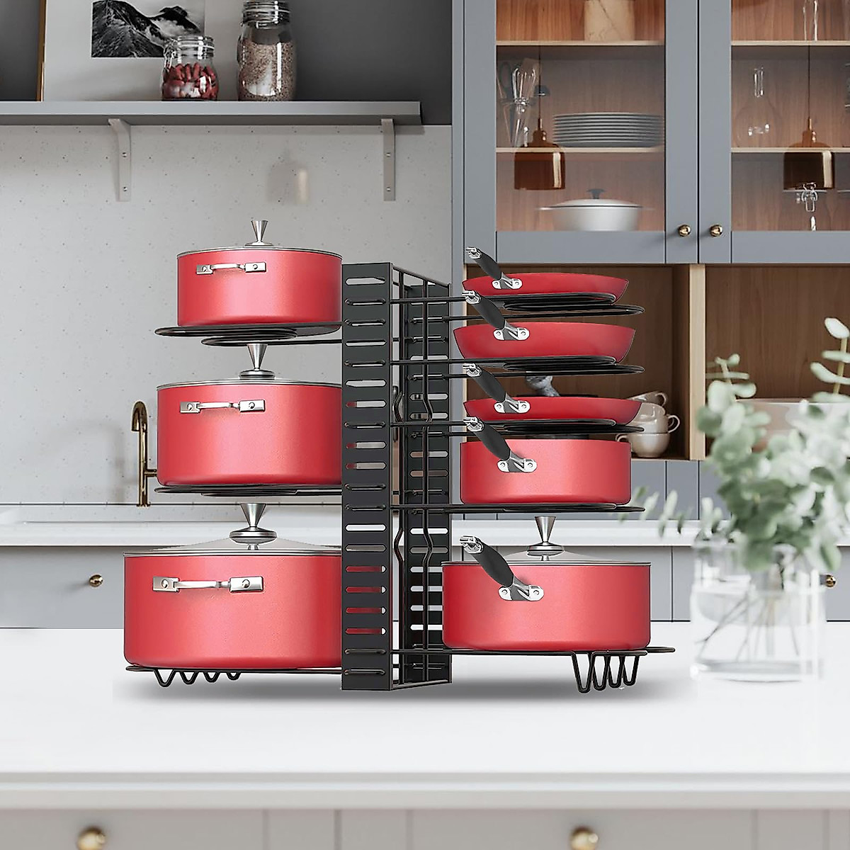 Podxco Pan Organizer Rack for Cabinet Pot Rack with 3 Diy Methods Adjustable Pot and Pan Organizer with 8 Tiers Pot Lid Organizer Holder Metal Heavy Duty Pot Organizer for Kitchen Counter and Cabinet