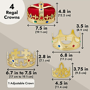 BLUE PANDA 4-Pieces King and Queen Crowns Set for Kids - Gold Crowns and Tiara for Royal Theme Birthday Party Costume Accessories and Photo Booth Props