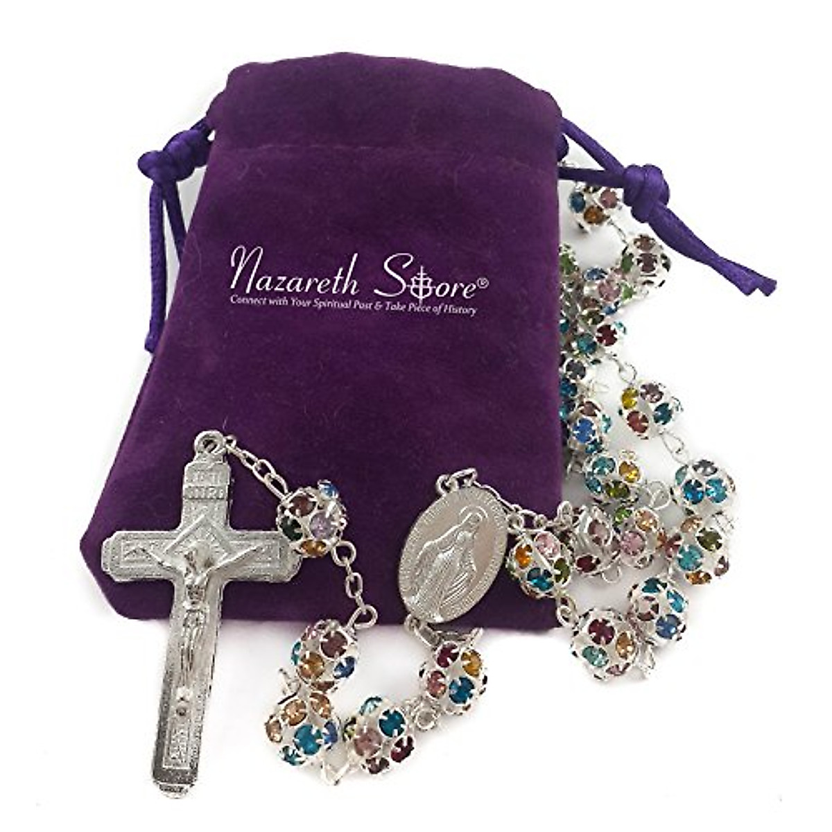 Nazareth Store Colorful Zirconia Crystal Beads Rosary Silver Catholic Necklace with Miraculous Medal Cross Crucifix Multicolor Rosaries in Velvet Bag