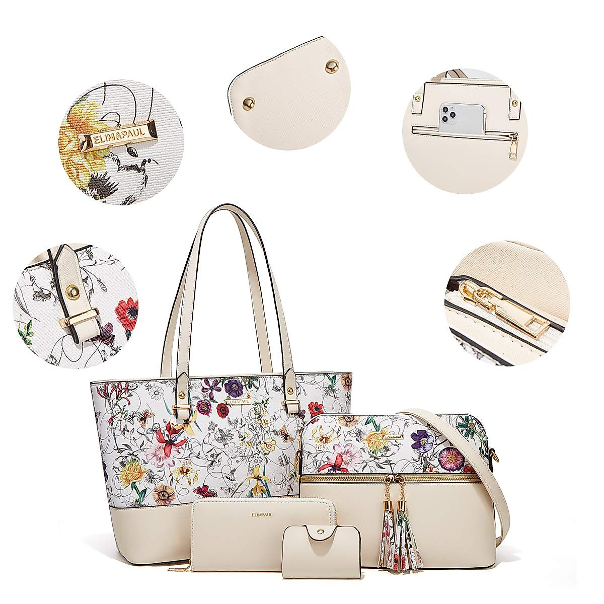 Women Fashion Synthetic Leather Handbags Tote Bag Shoulder Bag Top Handle Satchel Purse Set 4pcs