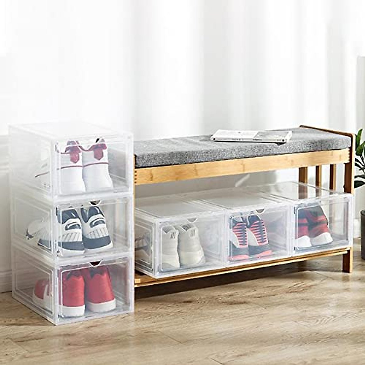 6 Pack Wanhux Shoe Box Organizer，Stackable Plastic Shoe Box With Clear Door，Transparent Shoe Box Storage，As Shoe Storage Box And Clear Shoe Box,For Display Sneakers,Easy Assembly,Fit Up To Us Size 12(13.6”x 10.6”x 6.7”)