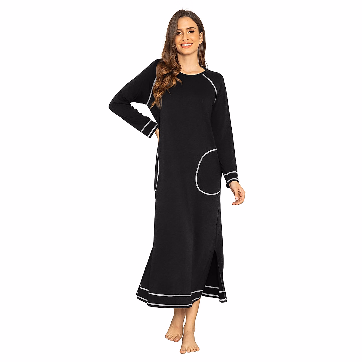 Ekouaer Long Nightgown for Women Full Length Night Shirt Sleepwear with Pocket Loungewear Dress A-black