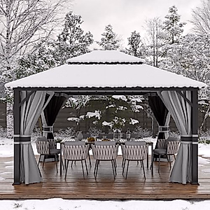 Amopatio 12' X 14' Hardtop Gazebo Permanent Aluminum Gazebos with Galvanized Steel Double Roof for Patio Lawn and Garden,Included Curtains & Mosquito Netting,Grey