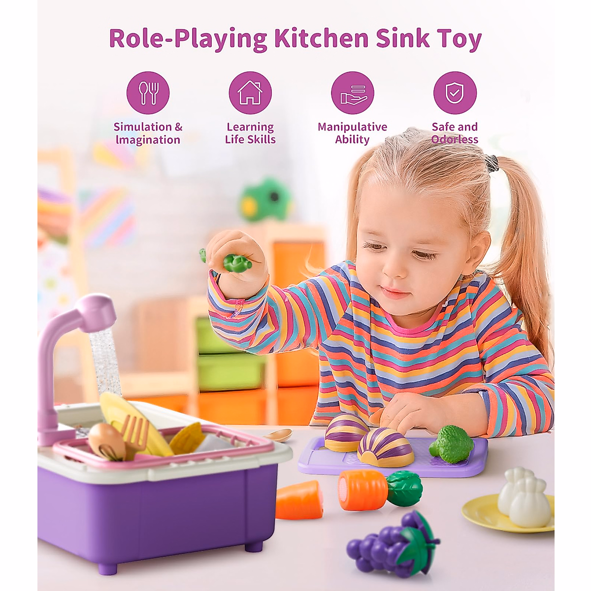 Geyiie Kitchen Sink Toy for Toddlers, Play Sink with Running Water, Upgraded Real Faucet, Dish Rack & Play Cutting Food, Kids Kitchen Sink Toy Gifts for 3 4 5 6 7 Years Old