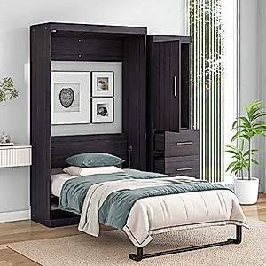 ATY Twin Size Murphy Bed with Wardrobe and Drawers, Wood Storage Bedframe Can be Folded into a Cabinet, Bedroom Furniture, Save Space Design, No Box Spring Required, Gray