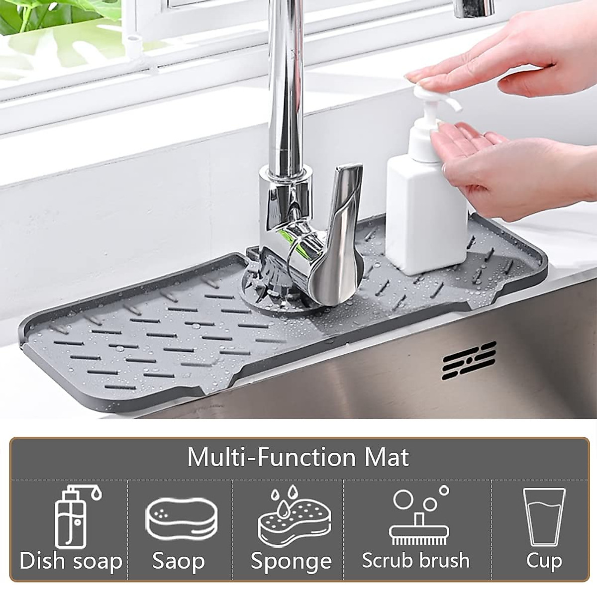 kukifun Silicone Faucet Handle Drip Catcher Tray,Kitchen Sink Faucet Splash Guard,Silicone Tap Drip Tray,Silicone Draining Mat,Kitchen Sink Mat,Silicone Drying Mat,Sink Protector,Gray,A Style