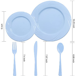 YOUBET 125Pieces Blue Plastic Plates - Blue plates with Blue Silverware Disposable - Include 25 Dinner Plates 25 Dessert Plates 25 Forks 25 Knives 25 Spoons for Birthday Parties &Wedding