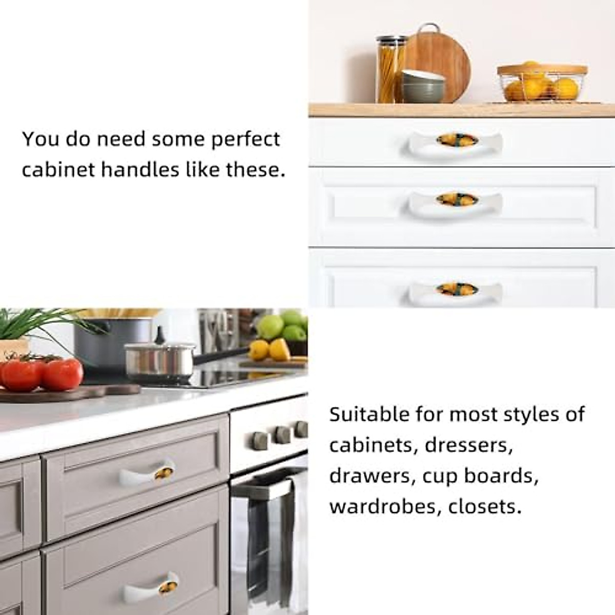 RODAILYCAY Shell 4 Packs Kitchen Drawer Pulls, Crystal Glass Cabinet Handles Pulls, Cupboard Door Knobs, Kitchen Hardware Pulls for Dresser Drawers