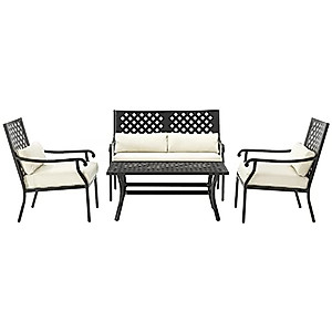 Crosley Furniture Alistair 4-Piece Outdoor Loveseat Patio Furniture Set, Conversation Sets for Porch, Deck, Matte Black with Creme Cushions