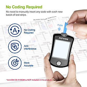 AUVON DS-W Draw-in Blood Glucose Test Strips for use with AUVON DS-W Diabetes Sugar Testing Meter (No Coding Required, 300 Count)