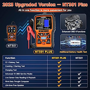 FOXWELL NT301 Plus 2 IN1 OBD2 Scanner Battery Tester, OBD2 Scanner Diagnostic Tool Check Engine Car Code Reader, 12V 100-2000 CCA Battery/Charging/Cranking Test, EVAP Live Data, Full OBDII Diagnosis
