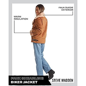 Steve Madden Women's Winter Coat - Faux Leather Moto Biker Jacket - Faux Shearling Lined Heavyweight Jacket for Women, S-XL, Size Large, Cognac