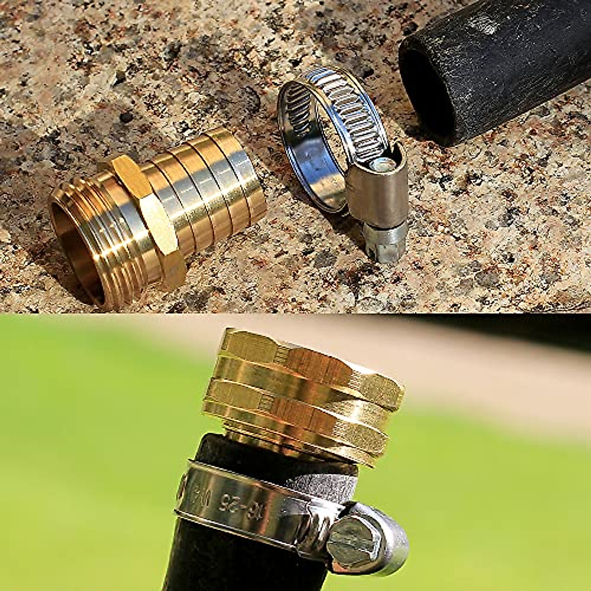 YELUN Solid Brass Garden Hose Repair kit Connector with Stainless Steel Clamps, Male Adapter/Female Garden Hose Swivel Fitting… (3/4" Barb x 3/4" Male -2 Sets)