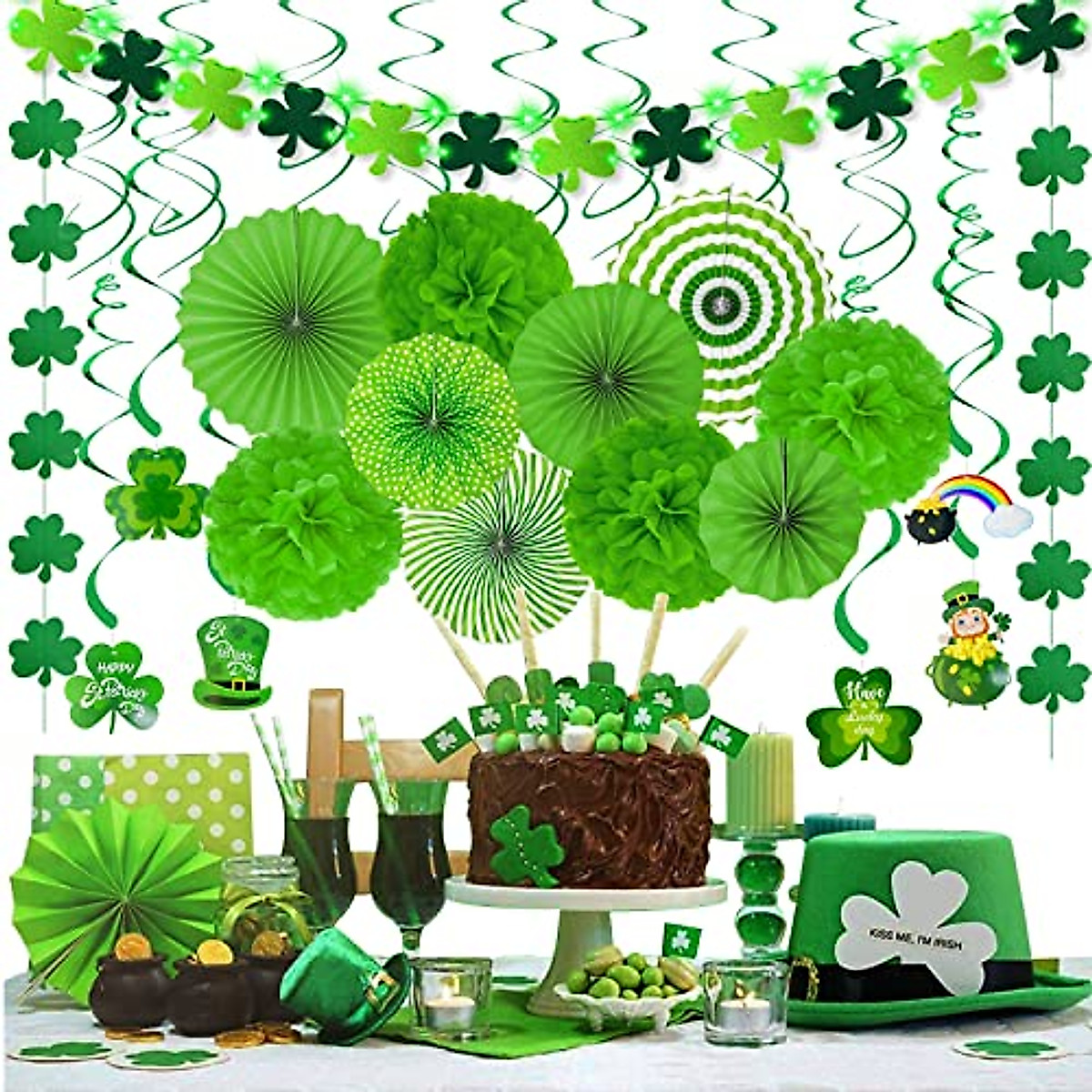 TURNMEON St Patricks Day Decorations for the Home, Shamrocks Garland Lucky Banner with String Lights Green Paper Fans, Leprechaun Hanging Swirls, St.Patrick's Day Party Decor Indoor Irish Supplies