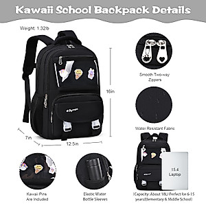 Girls Backpack, Kawaii Kids School Backpacks with Cute Pin Accessories for Girls, Cute Book Bag with Compartments for Teen Girl Kid Students Elementary Middle School, Kids' School Bag, 16in(Black)