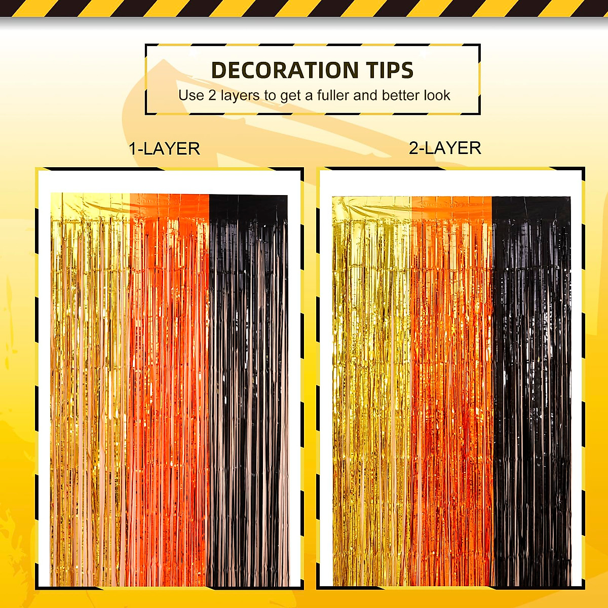LOLStar 2 Pack Construction Foil Fringe Curtains, Construction Birthday Party Supplies, 3.3x6.6 ft Yellow Orange and Black Tinsel Photo Booth Prop, Streamer Backdrop for Construction Party Decoration