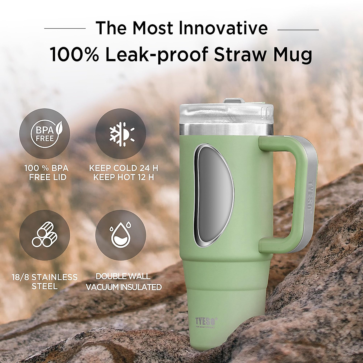 TYESO 30 oz Tumbler with Handle, Straw and Lid - Leak Resistant Insulated Stainless Steel Water Bottle, Car Cup Holder Friendly Travel Coffee Mug Green - Gifts for Men & Women