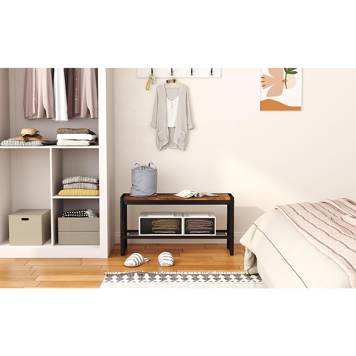 HOMEFORT Shoe Bench, Modern Industrial Shoe Storage Bench, Entryway Bench with Mesh Shelf and Sturdy Metal Frame, Metal Shoe Rack with Durable MDF Top for Hallway, Mudroom, Living Room, Rustic Brown