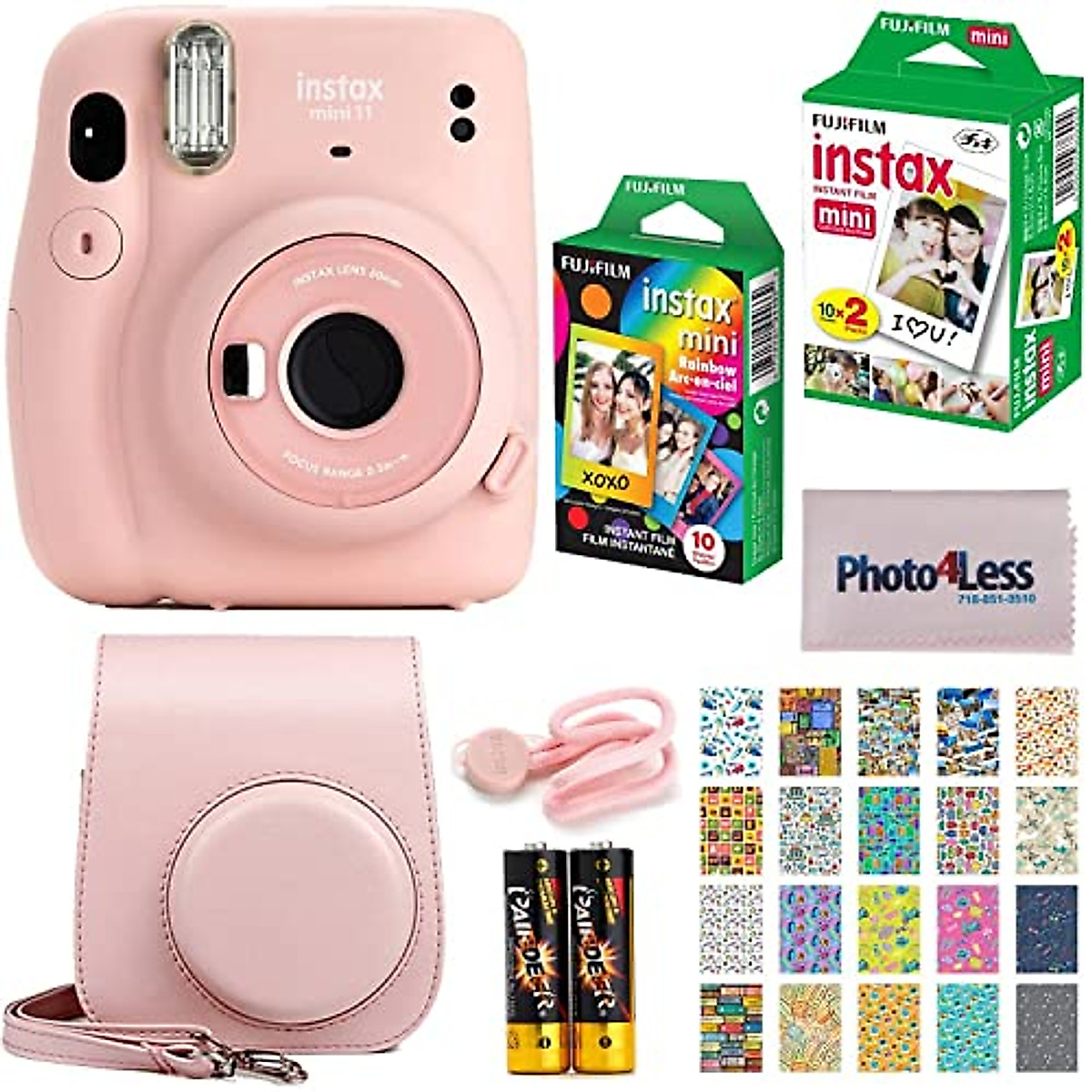 Fujifilm Instax Mini 11 Instant Camera - Blush Pink (16654774) + Fujifilm Instax Mini Twin Pack Instant Film (16437396) + Single Pack Rainbow Film + Case + Travel Stickers