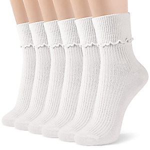 BOOPH 6 Pairs Girls Socks Ruffle Baby Frilly Turn cuff Socks White 4-6 Years