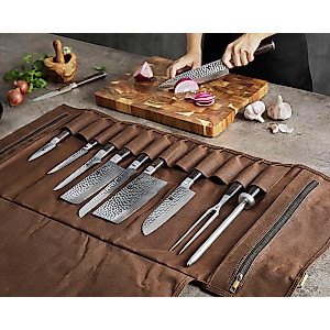 XINZUO Chef Knife Roll Bag-Professional Chef Knife Case-16oz Waxed Canvas and Crazy Horse Leather -With 12 Slots Plus 2 Zipper Pockets to Hold Kitchen Cooking Tools-Travel Tool Roll Pouch(Bag Only)