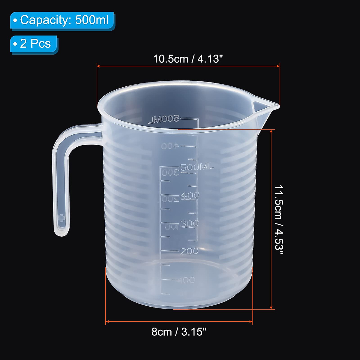 PATIKIL Graduated Beaker, 2 Pack 500ml PP Plastic Liquid Measuring Cup Double Sided Graduations with Handle Lid and Spout for Lab Kitchen Home