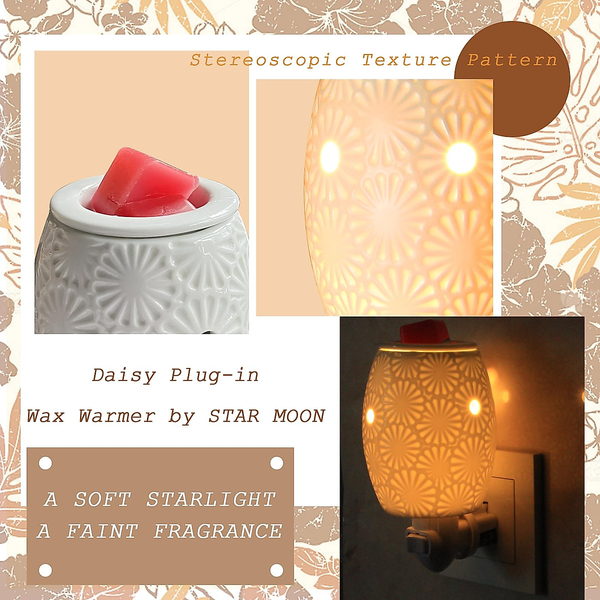 StarMoon Plug in Wax Outlet Warmer for Home Décor, Wax Warmer Plug in, Home Fragrance Diffuser, Removable Dish, No Flame, with One More Bulb (Daisy)