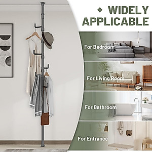 DYN Ptah Adjustable Coat Rack 65" to 116" with 6 Hooks, Freestanding Tension Rod Coat Hanger Floor to Ceiling, Heavy Duty Clothes Rack for Entryway, Living Room, Bedroom, Hanging Clothes, Hats, Bags