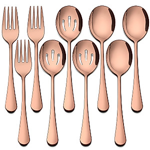 Homikit Stainless Steel 3 Copper Serving Spoons, 3 Slotted Serving Spoons, 3 Serving Forks, Metal Serving Utensils Hostess Set for Catering Dinner Party Buffet Banquet Restaurant, Dishwasher Safe