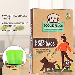 Doodie Flush™ Dog Poop Bag (Box of 50 poop bags for dogs) Flushable 100% Environmentally Friendly Compostable Biodegradable Pet Waste Bags, Extra Thick & Strong, Biodegrades In Seconds with Water