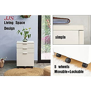 JJS 3 Drawer Rolling Wood File Cabinet with Locking Wheels, Home Office Portable Vertical Mobile Wooden Storage Filing Cabinet for Letter Size, White