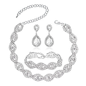 3 Pack Bridal Rhinestone Crystal Statement Choker Necklace Link Bracelet and Teardrop Dangle Earrings Jewelry Set