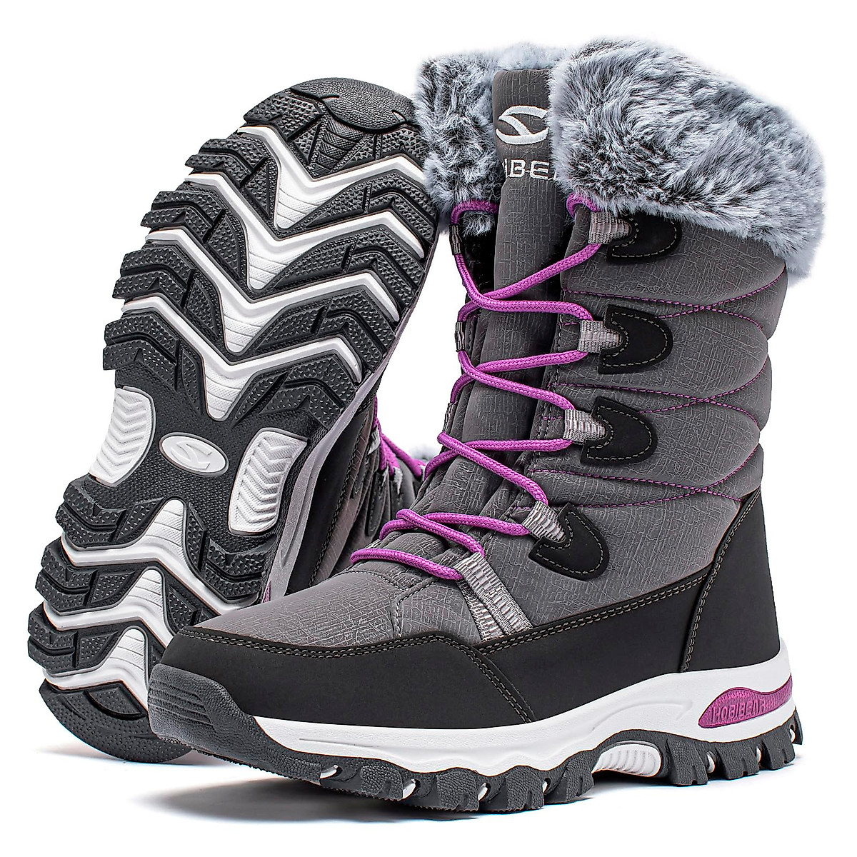 HOBIBEAR Boys Girls Winter Snow Boots Waterproof Insulated Faux Fur Lined Mid-Calf Booties (Grey/New,4 Big Kid)