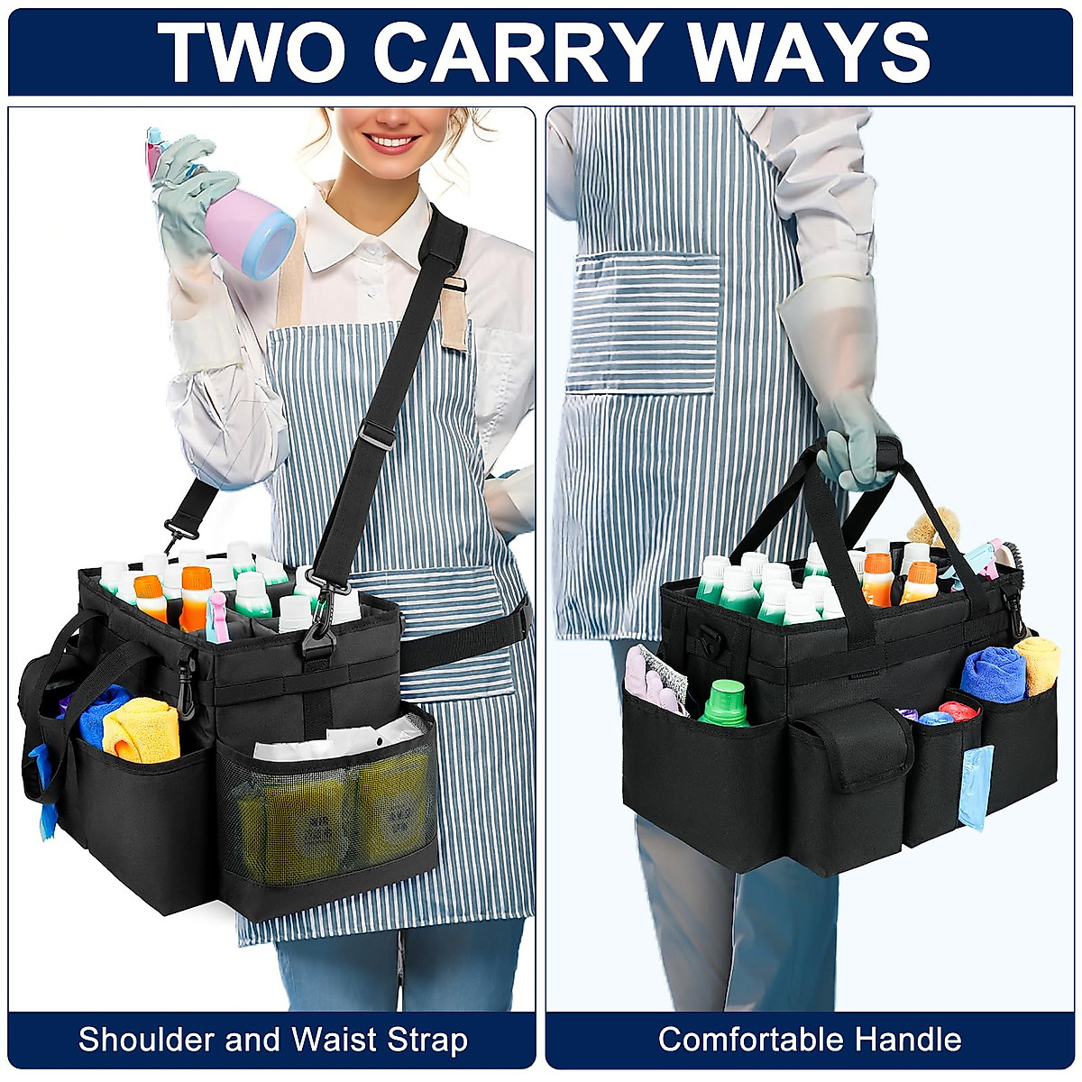 Cleaning Caddy Bag,Large Cleaning Supplies Organizer with Handle for Housekeepers, Black