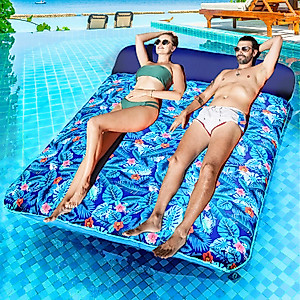 FindUWill Oversized Pool Floats Raft, 1-2 Person, 72'' X 60'' Giant Fabric-Covered Pool Floats Adult Size, Inflatable Floating Mat with Headrest Ultra-Comfort Summer Pool Lounger Floatie