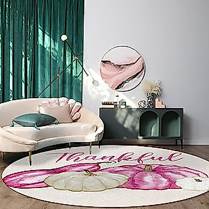 Large Round Area Rug for Living Room Bedroom, 3ft Non-Slip Rugs for Kids Room, Pink White Pumpkins Fall Thanksgiving Washable Carpet Floor Mat for Home Nursery Room Decor