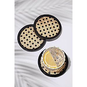 Unique Wooden Rattan Coasters | Stylish Rattan Decor to Protect Surfaces | Set of 4 | Classic Black Coasters for Drinks | Natural Handwoven Design (Round)