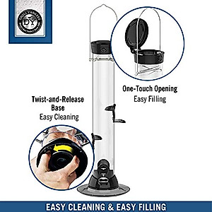 Droll Yankees Onyx Clever Clean and Fill Mixed Seed Bird Feeder, 18 Inches, 4 Ports, Black