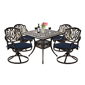 VIVIJASON 5-Piece Outdoor Patio Dining Set, All-Weather Cast Aluminum Conversation Set, Patio Furniture Set, Include 4 Swivel Dining Chairs, a 35.4" Square Table w/Umbrella Hole, Navy Blue Cushion