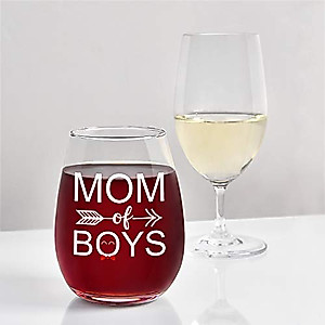 Mom of Boys Funny Stemless Wine Glass for Mom Mother Wife from Daughter Son Husband or Daily Use 15Oz