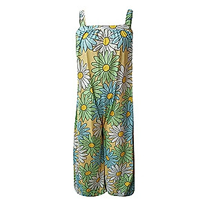 Bravetoshop Women Baggy Jumpsuit Boho Floral Printed Loose Overalls Wide Leg Pants Long Rompers with Pockets (Green,M)