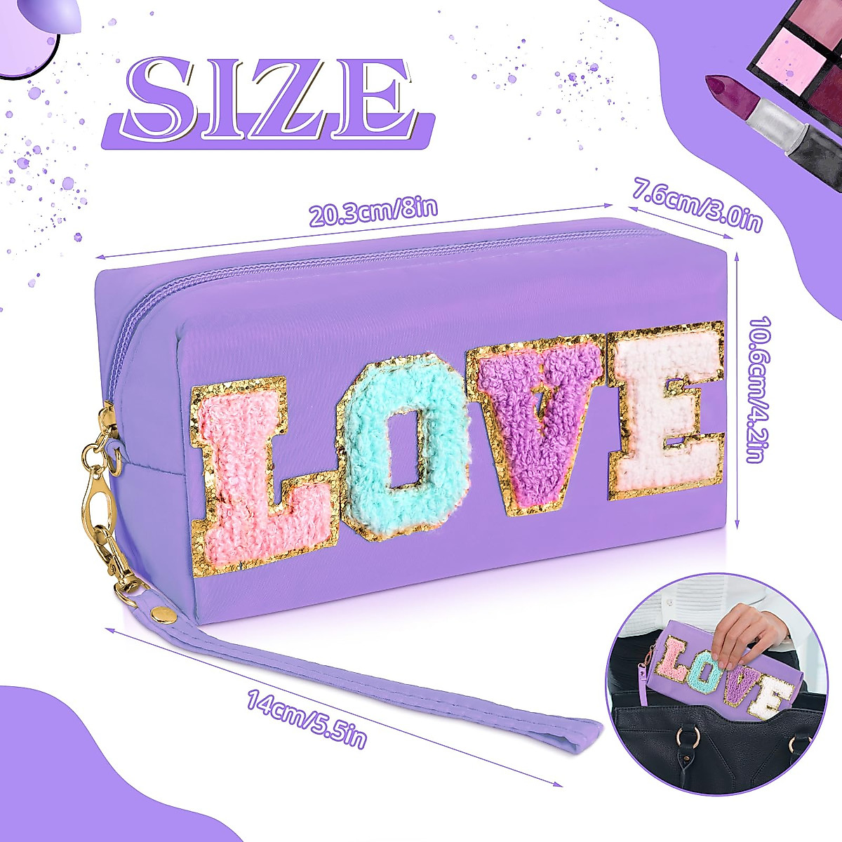 YESMET Preppy Makeup Bag, Chenille Letter Patch Cosmetic Bag, Portable Travel Makeup Organizer Bag with Wrist Strap, Nylon Waterproof Zipper Makeup Pouch Toiletry Bag for Women Girls (Purple)