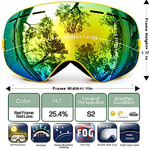 JULI Kids Ski Goggles,Interchangeable Double Layer Spherical Lens,OTG Anti-Fog Snowboard Skate Snow Goggles Age 4-16 4300（Yellow）