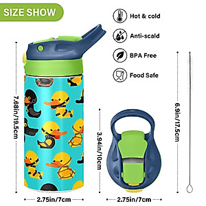 Boccsty Duck Pattern Kids Water Bottle with Straw Lid Yellow Animal Insulated Stainless Steel Reusable Tumbler for Boys Girls Toddlers 12 oz Green
